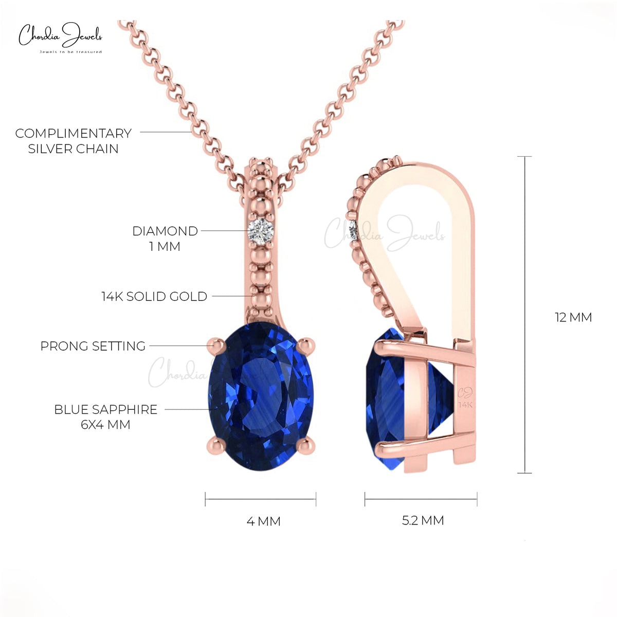 Genuine Blue Sapphire and Diamond Hidden Bail Pendants in 14k Real Gold